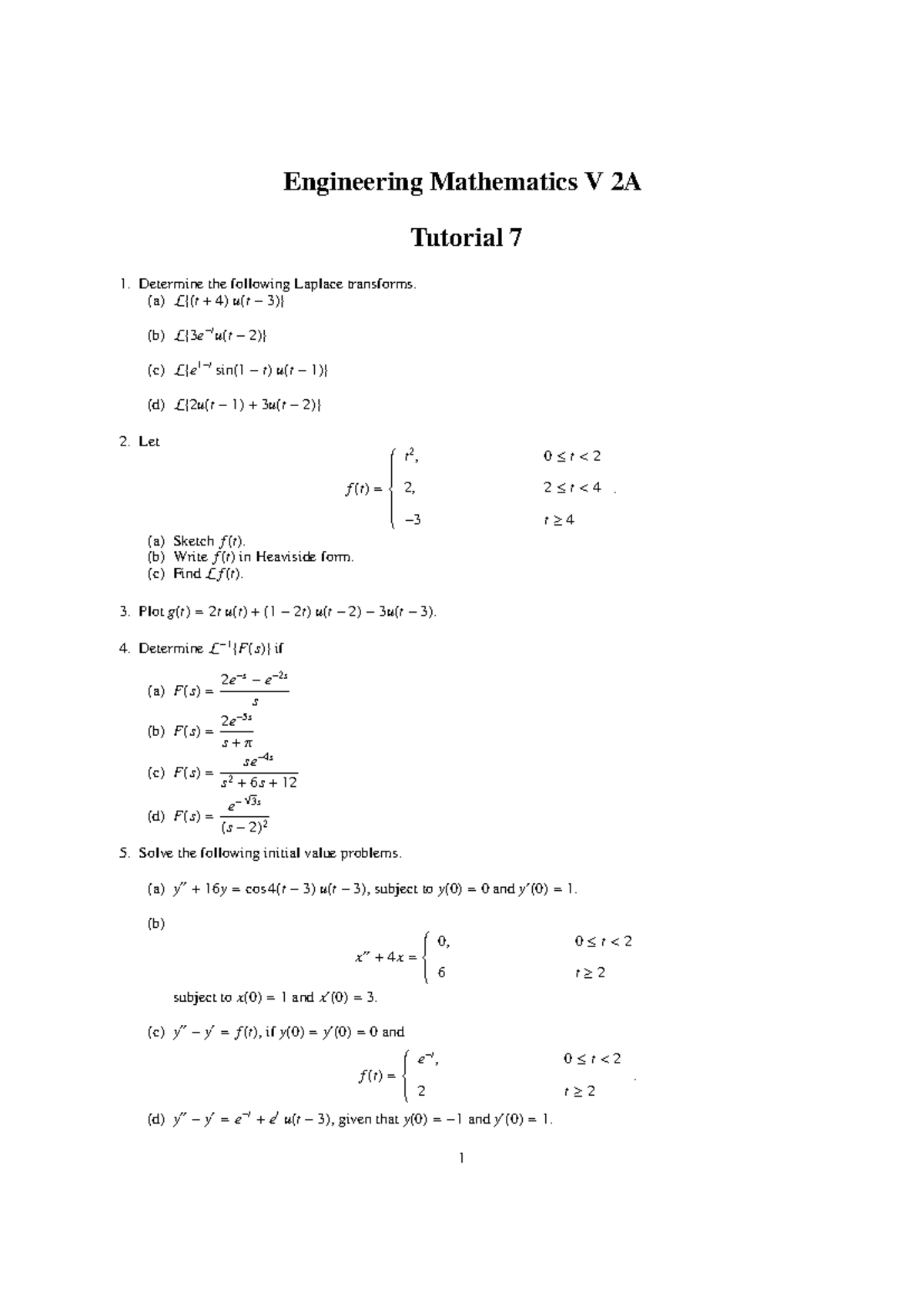 MATE2A2 Engineering Mathematics V Tutorial 7: Laplace Transforms - Studocu