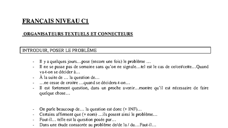 FRANÇAIS NIVEAU C1 : ORGANISATEURS TEXTUELS ET CONNECTEURS - Studocu