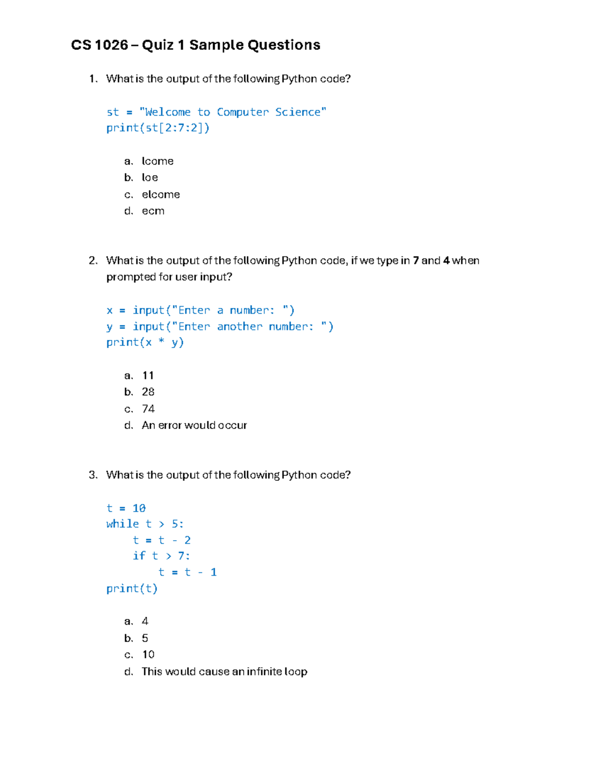 CS 1026 Quiz 1: Sample Python Code Questions - Studocu