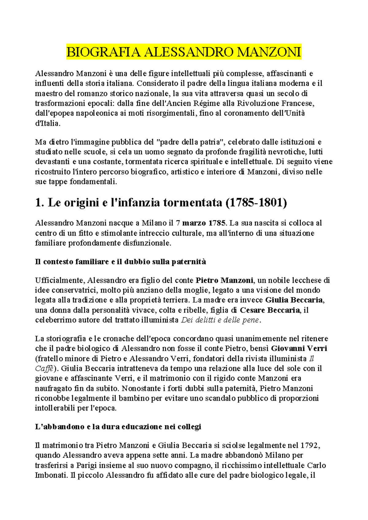 BIOGRAFIA ALESSANDRO MANZONI: Vita e Opere del Maestro Italiano - Studocu