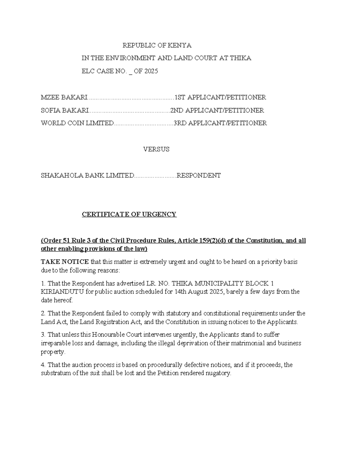 Certificate of Urgency - ELC Case No. Thika 2025 - Studocu