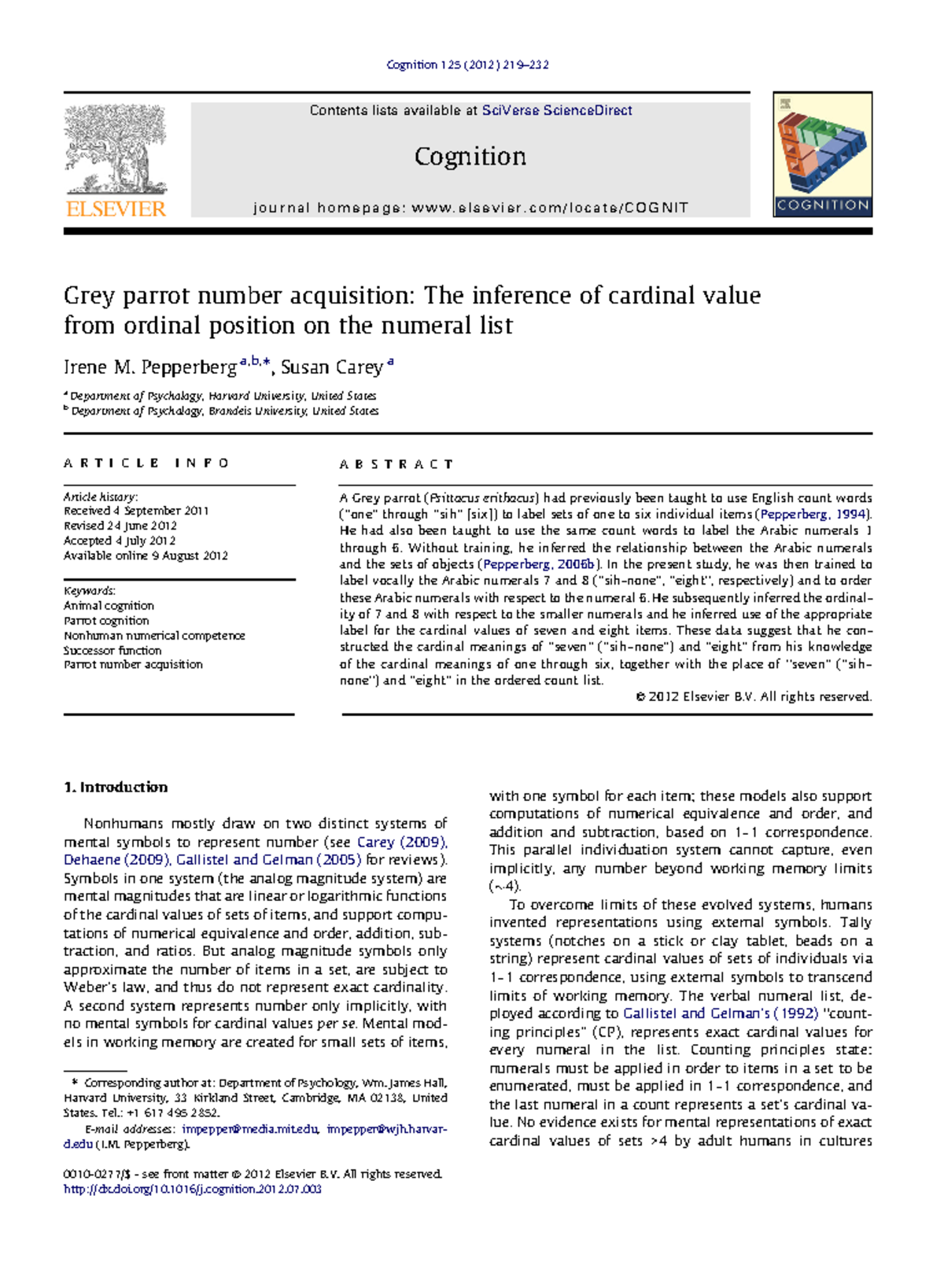 Cognition 125: Grey Parrot Number Acquisition and Cardinal Value ...