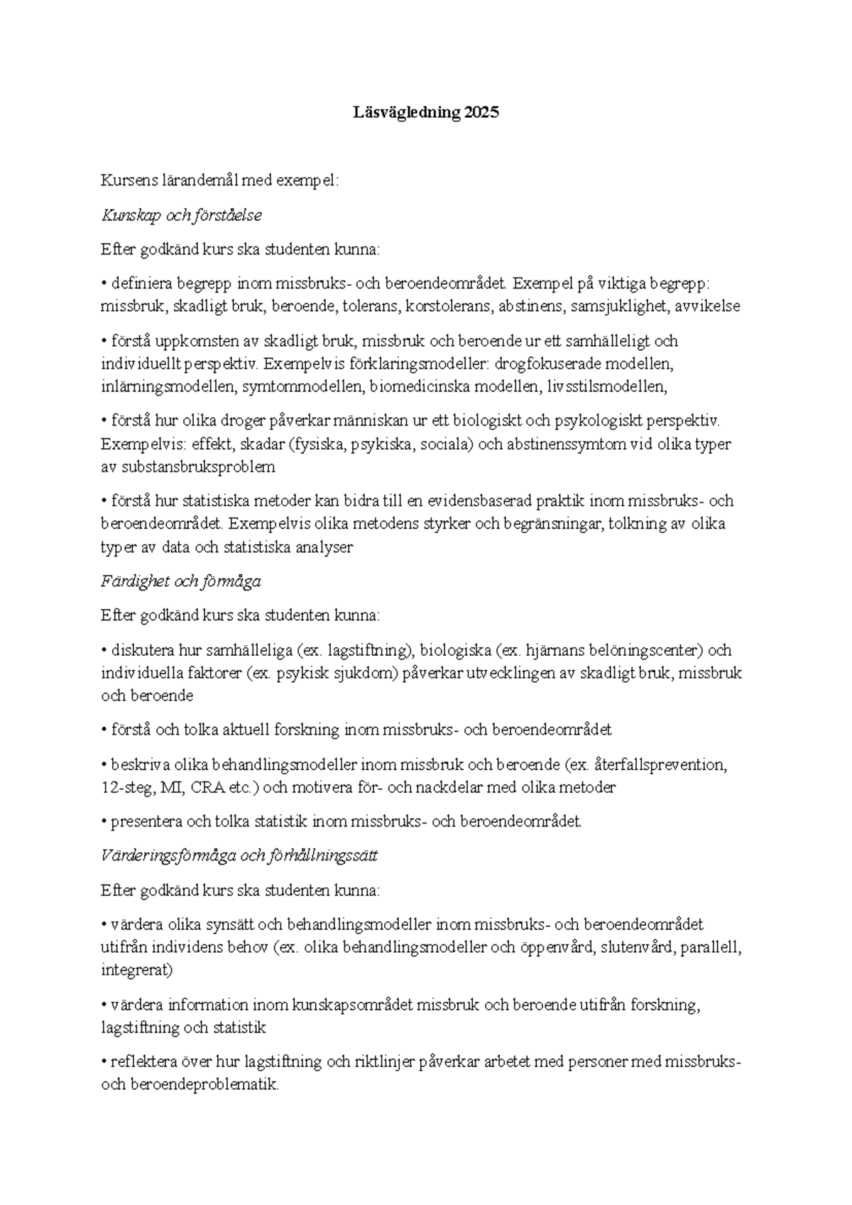 Läsvägledning 2025: Lärandemål och Exempel inom Missbruk och Beroende ...