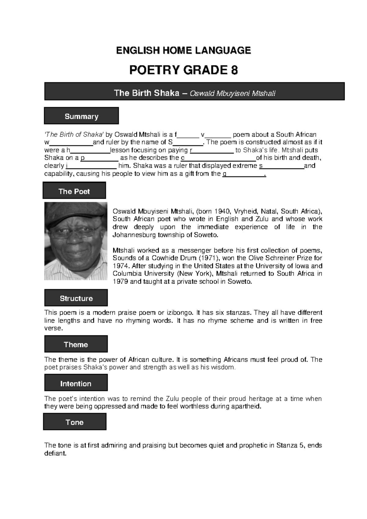 ENGLISH HOME LANGUAGE POETRY GRADE 8: Analysis of "The Birth of Shaka ...