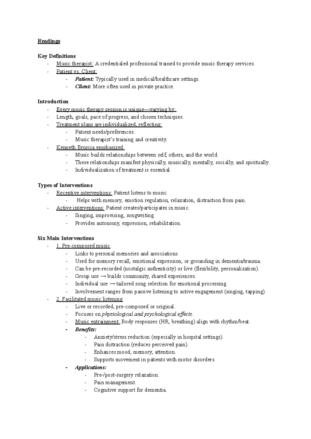 Music Therapy Notes: Key Definitions and Interventions (MT 101) - Studocu