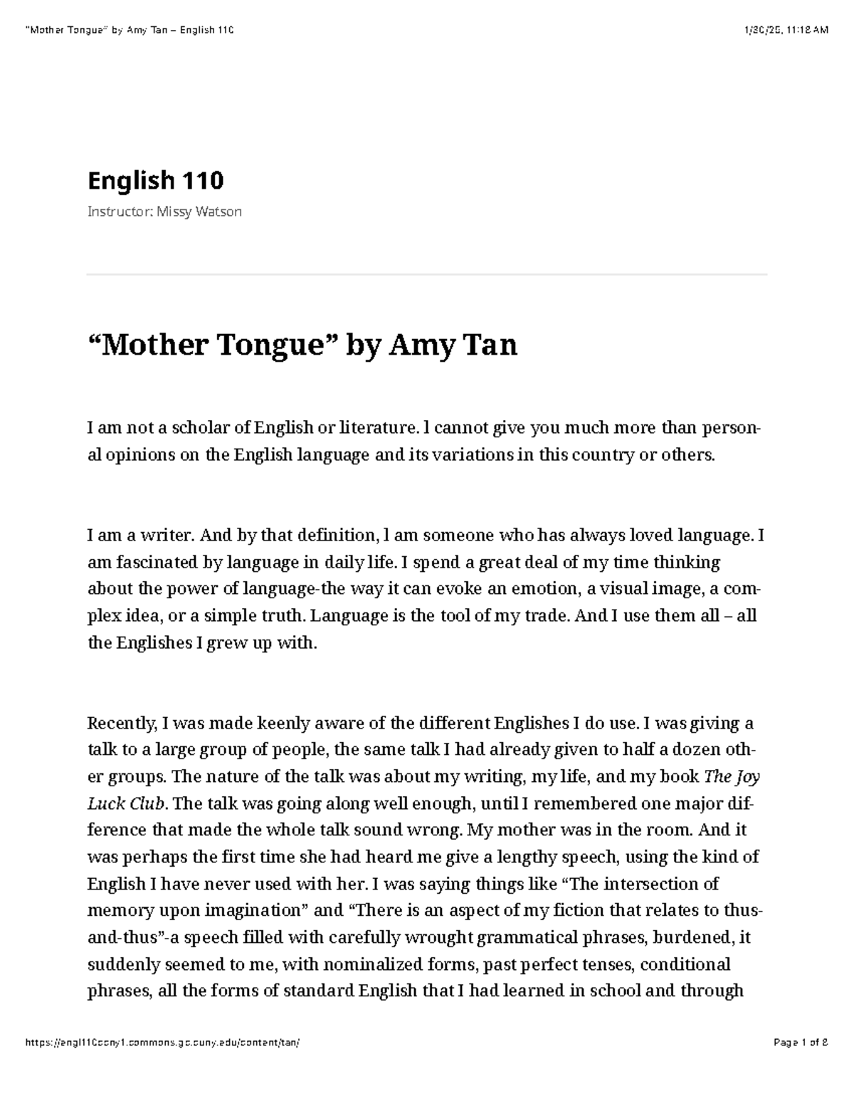 Final Essay: Analysis of Amy Tan's 'Mother Tongue' - English 110 - Studocu