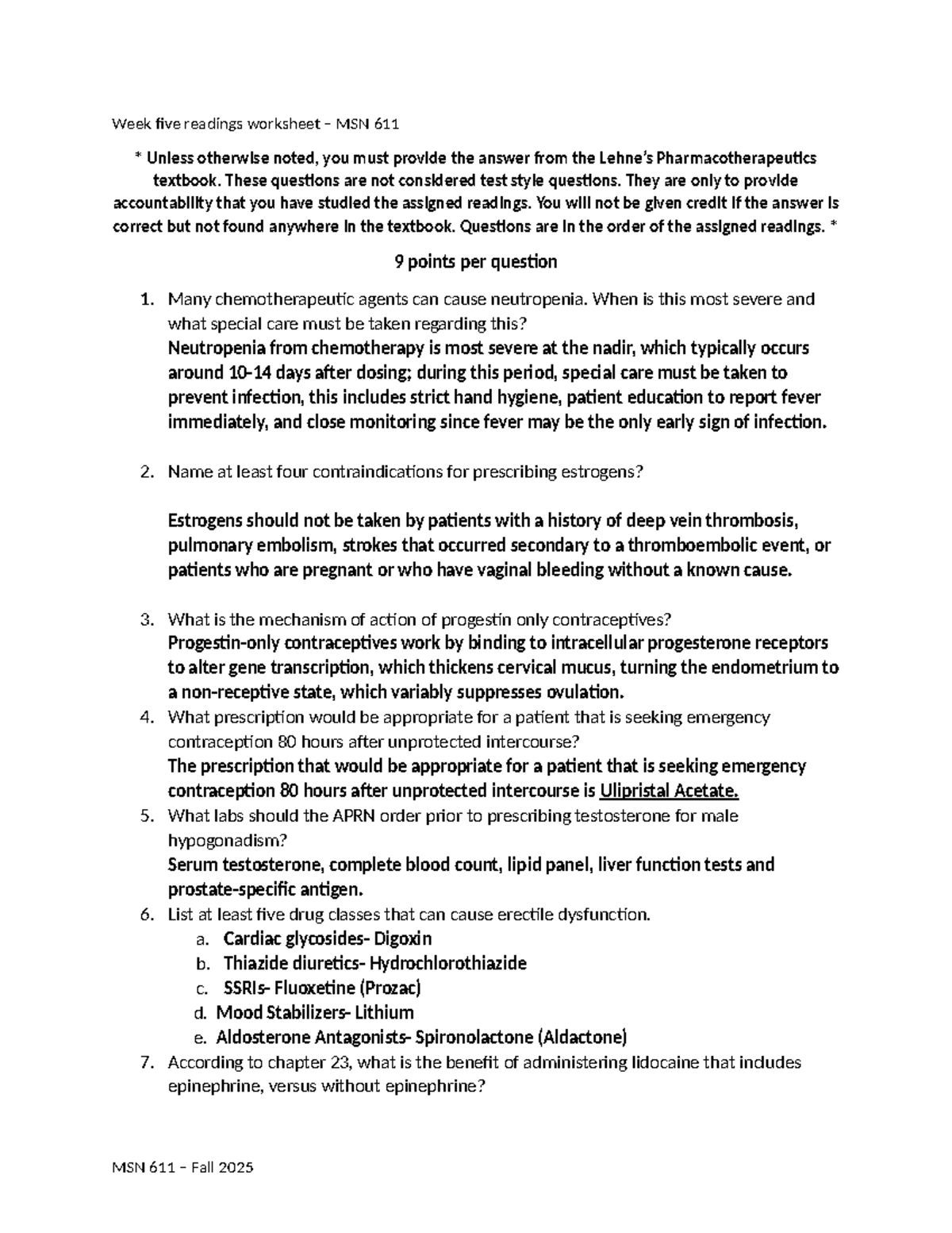 MSN 611 Week 5 Readings Worksheet - Pharmacotherapy Insights - Studocu