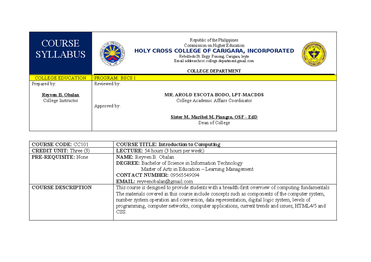 Course CC101: Introduction to Computing Syllabus and Overview - Studocu