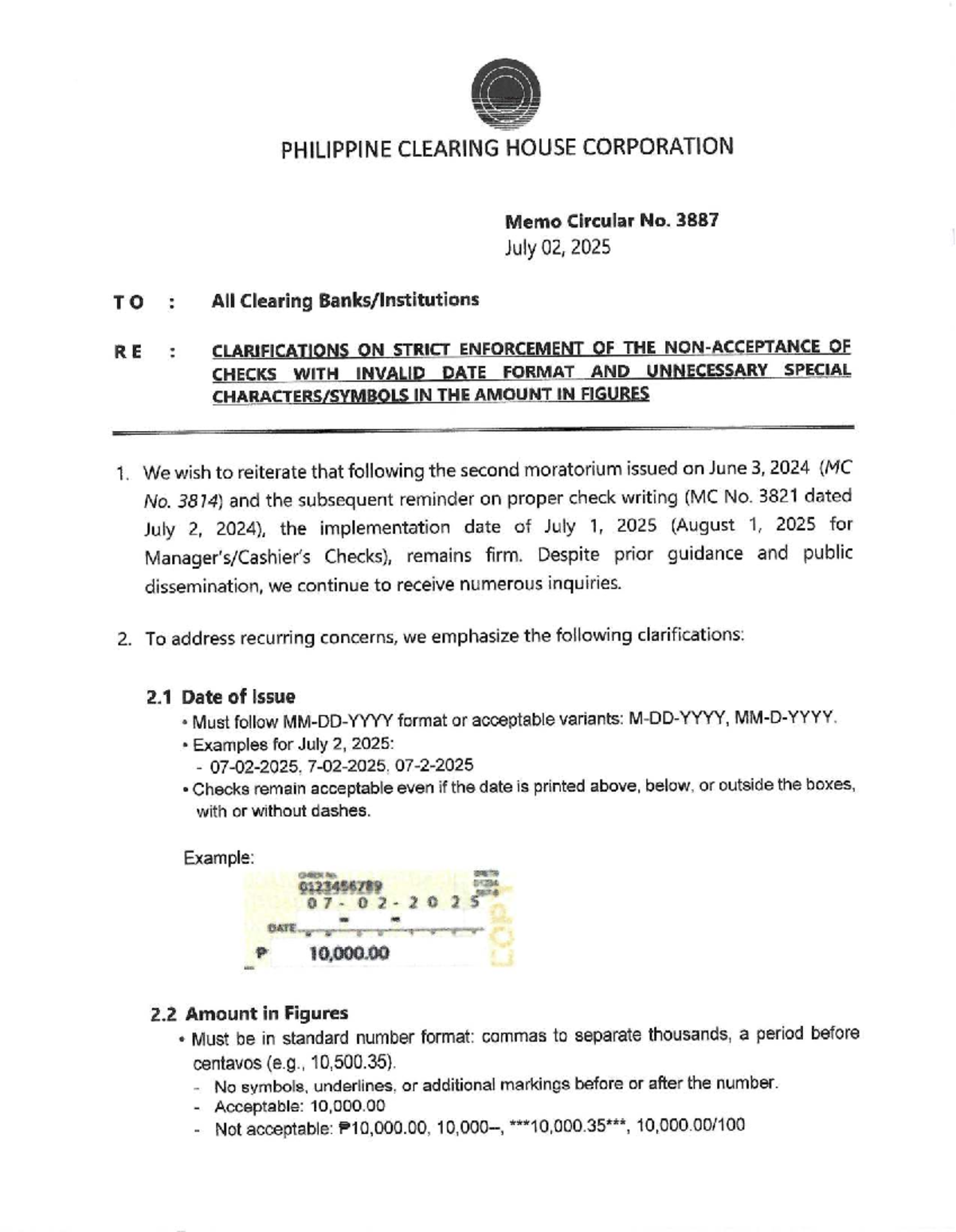 PHILIPPINE CLEARING HOUSE CORP Memo Circular No. 3887 Clarifications on ...