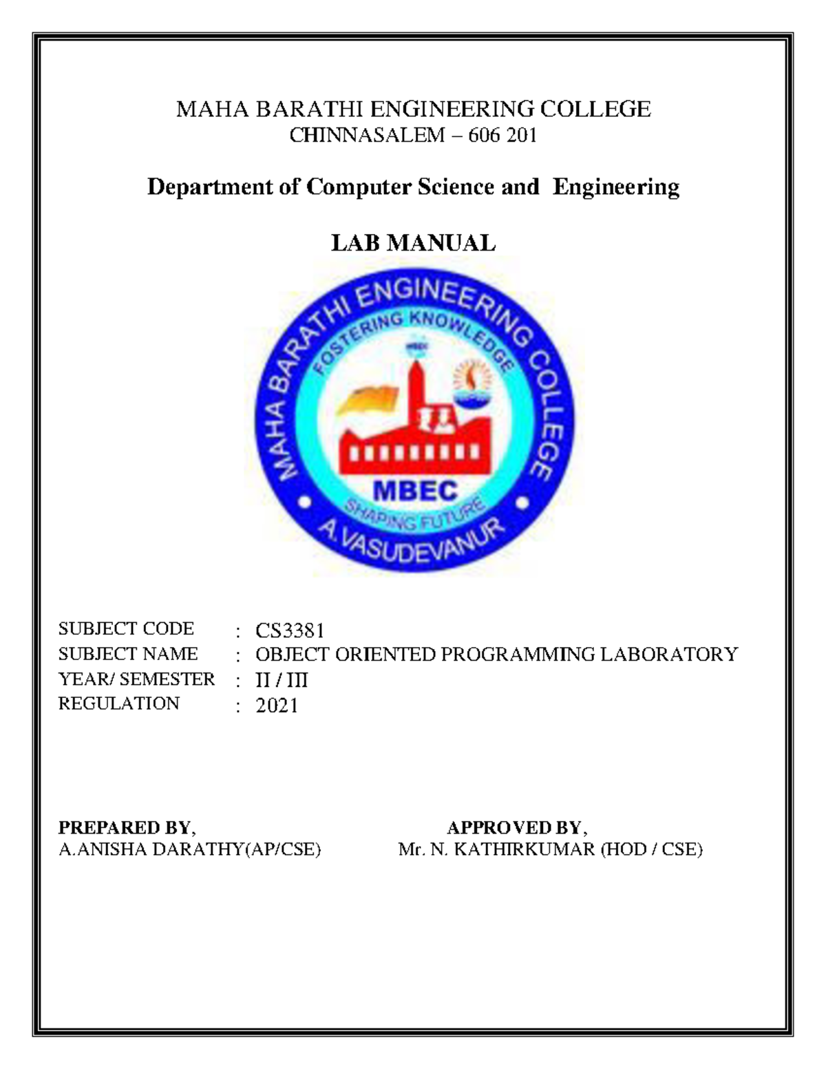CS3381 Object Oriented Programming Laboratory - Lab Manual - Studocu
