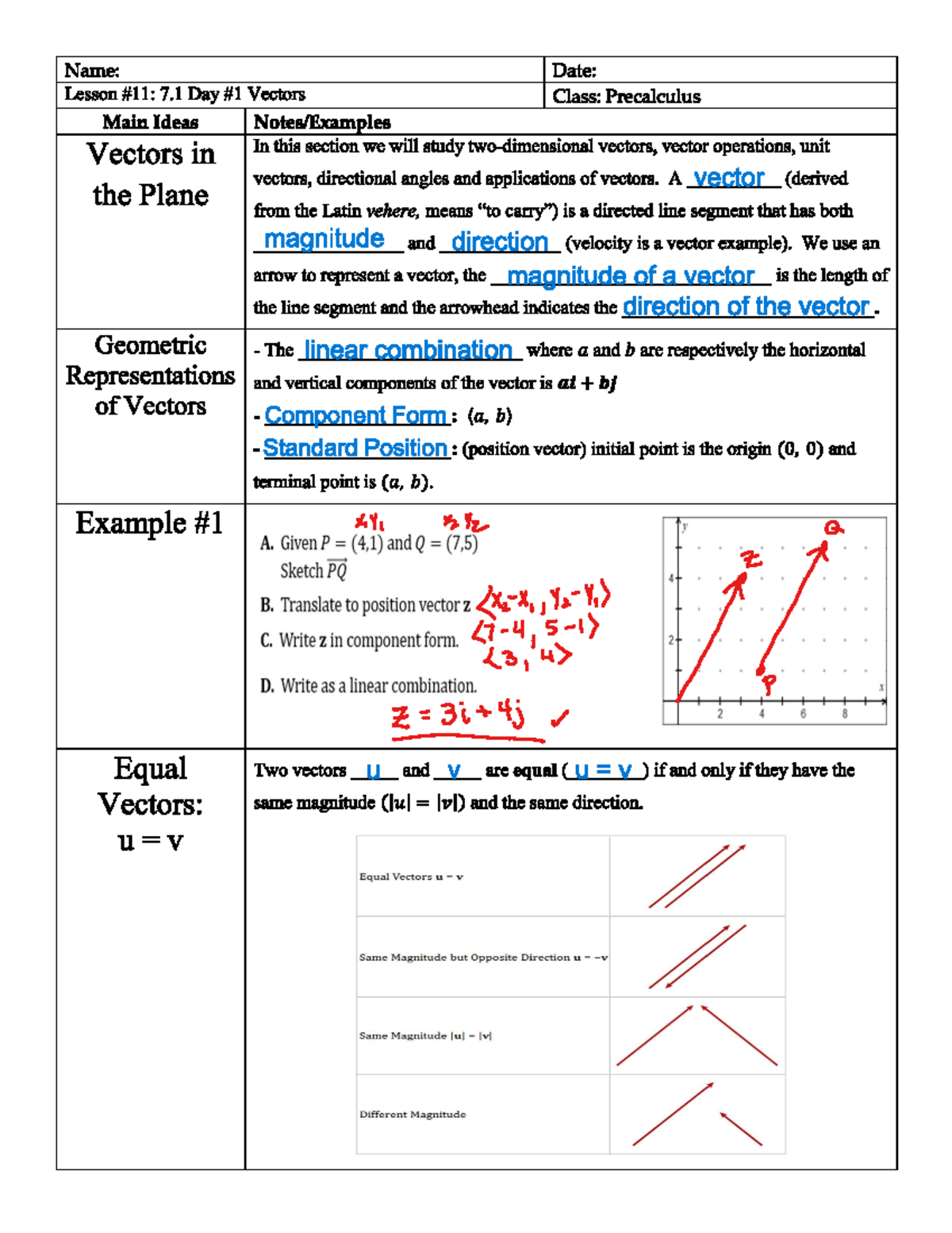 PC - Final Exam Lesson #11 Notes - Name: Date: Lesson 7 Day Vectors ...