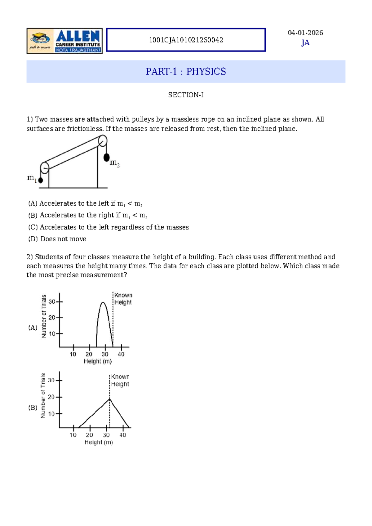 CJA101021250042 Final Exam: Physics, Chemistry, and Mathematics Answer ...
