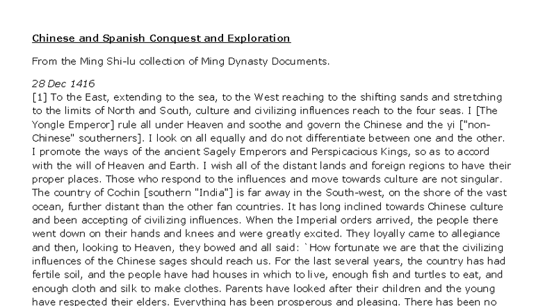 Ming Dynasty Exploration & Spanish Requirement Analysis (HIST 101 ...
