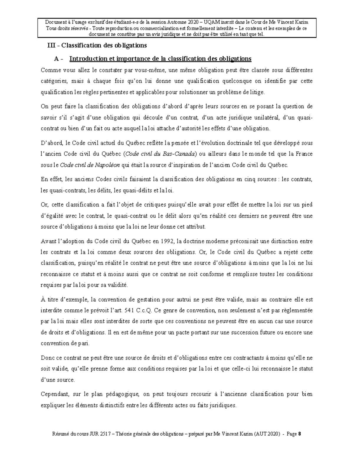 Résumé du cours JUR 2517 : Théorie générale des obligations (AUT 2020 ...