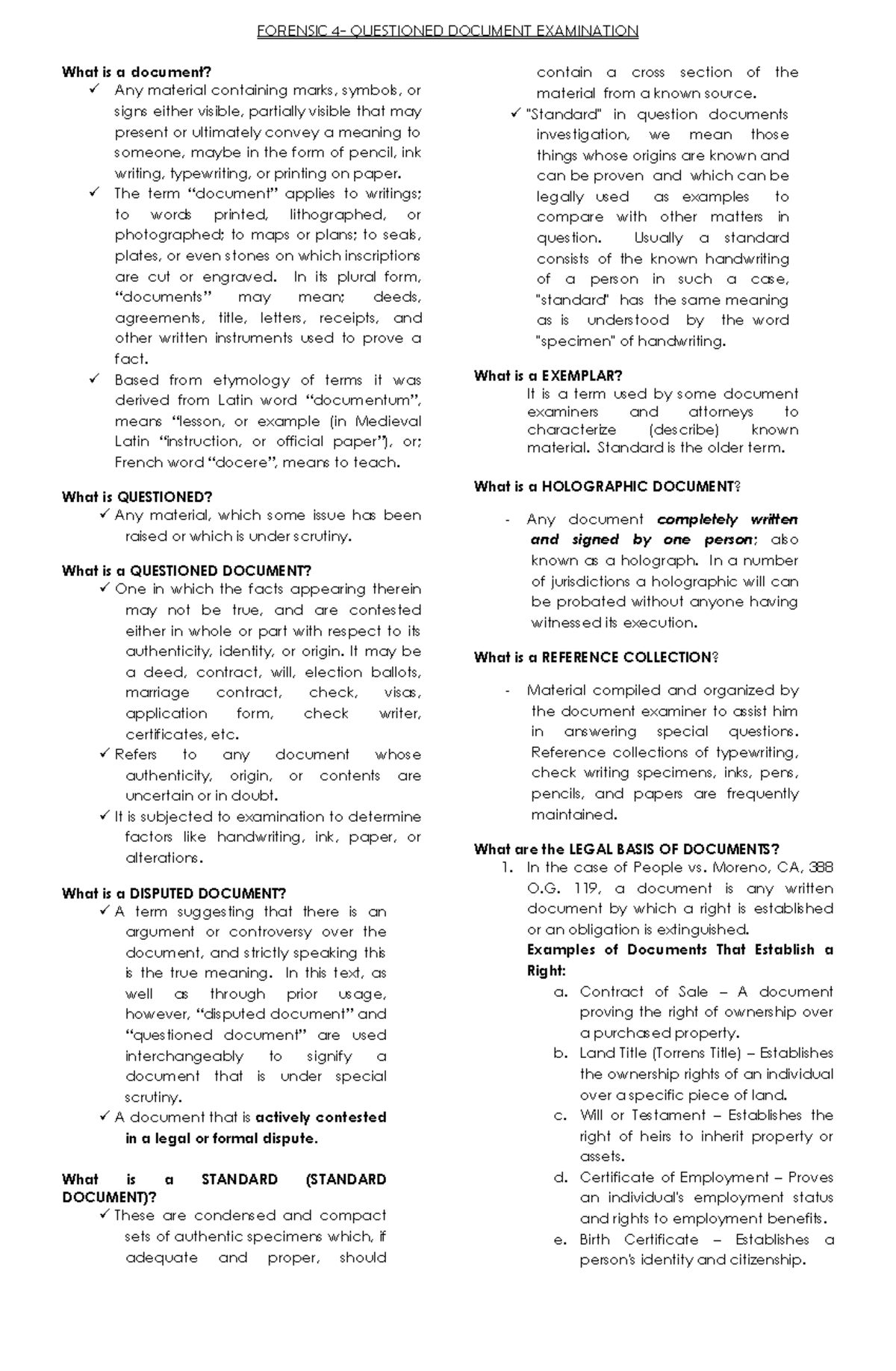 FOR 101: Forensic Questioned Document Examination Review Notes - Studocu