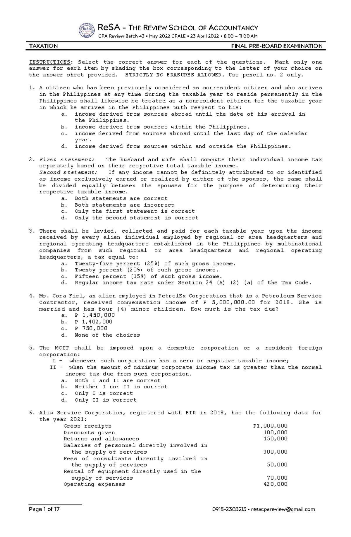 ReSA B43 CPALE Tax Final Pre-Board Exam Questions & Answers - Studocu