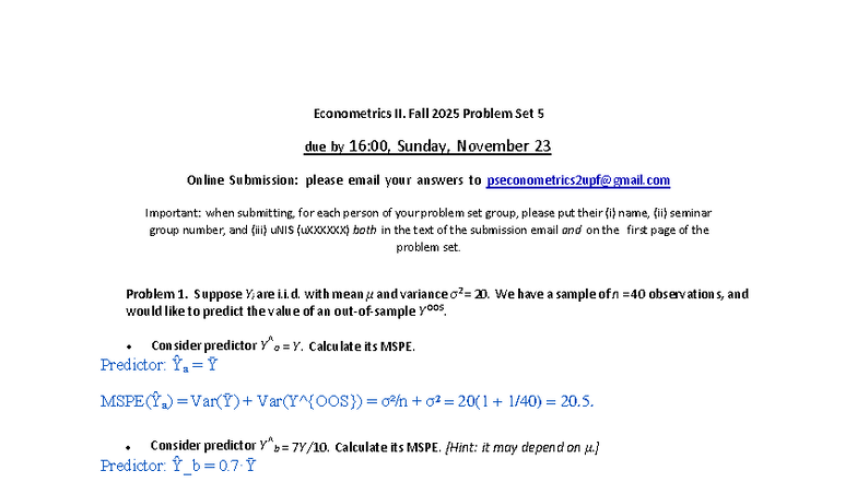 Econometrics II (ECON 202) Fall 2025 Problem Set 5 Solutions - Studocu