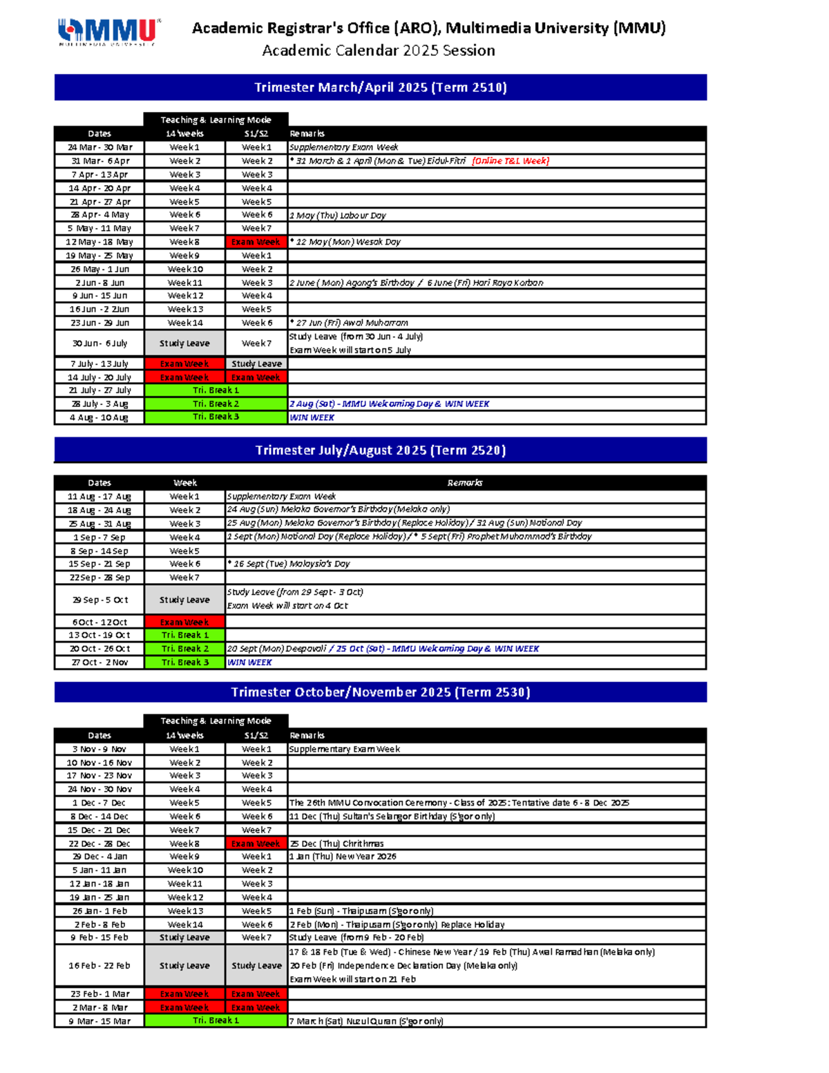 MMU Academic Calendar 2025: Important Dates and Details - Studocu