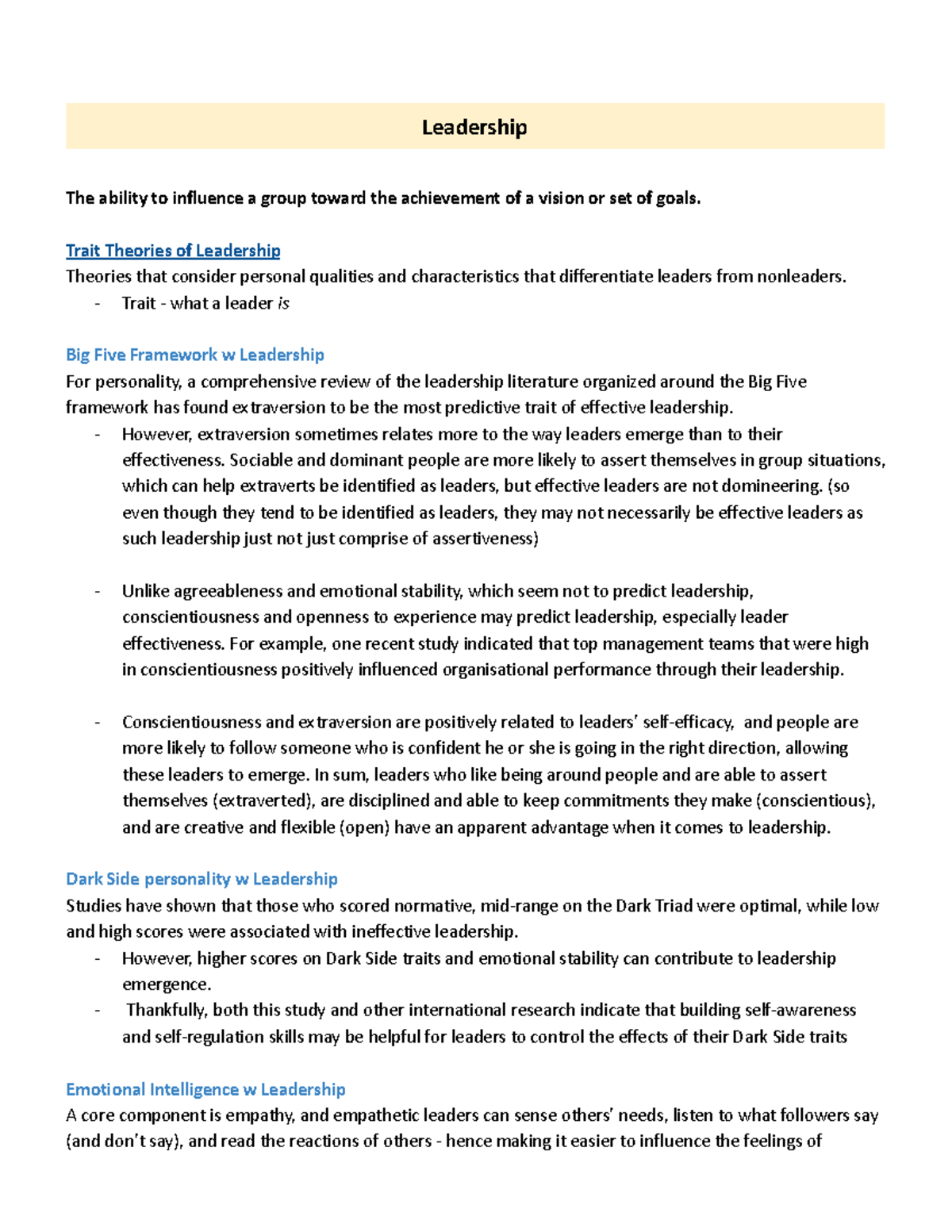 Leadership (5) - Finals notes on traits, theories, and styles - Studocu