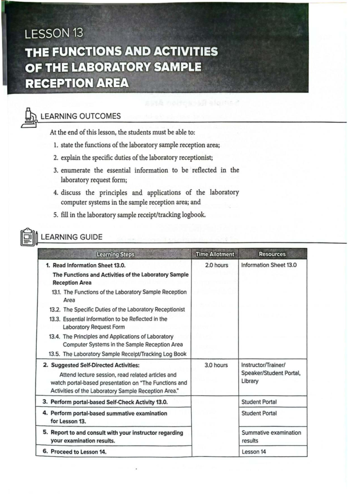 Lesson 13: Functions & Activities of the Laboratory Sample Reception Area - Studocu