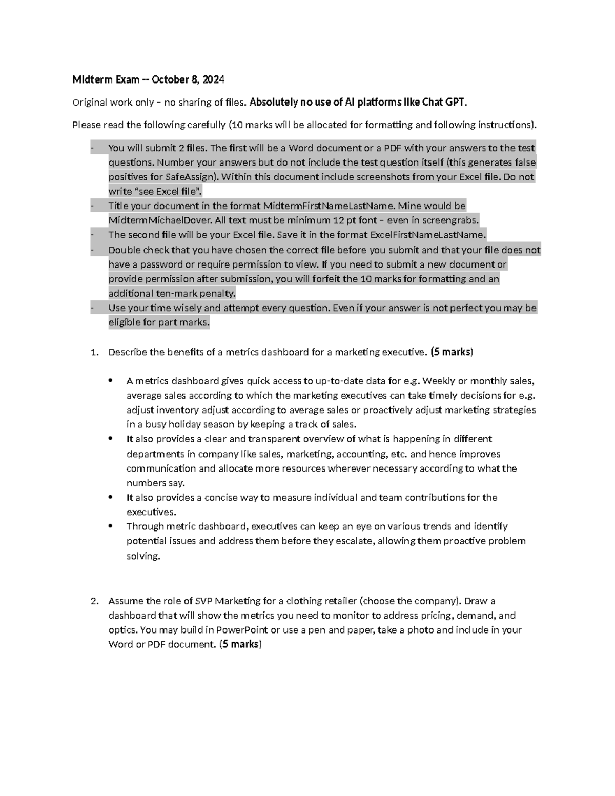 MKTG 5300 Midterm Exam Instructions and Questions Overview - Studocu