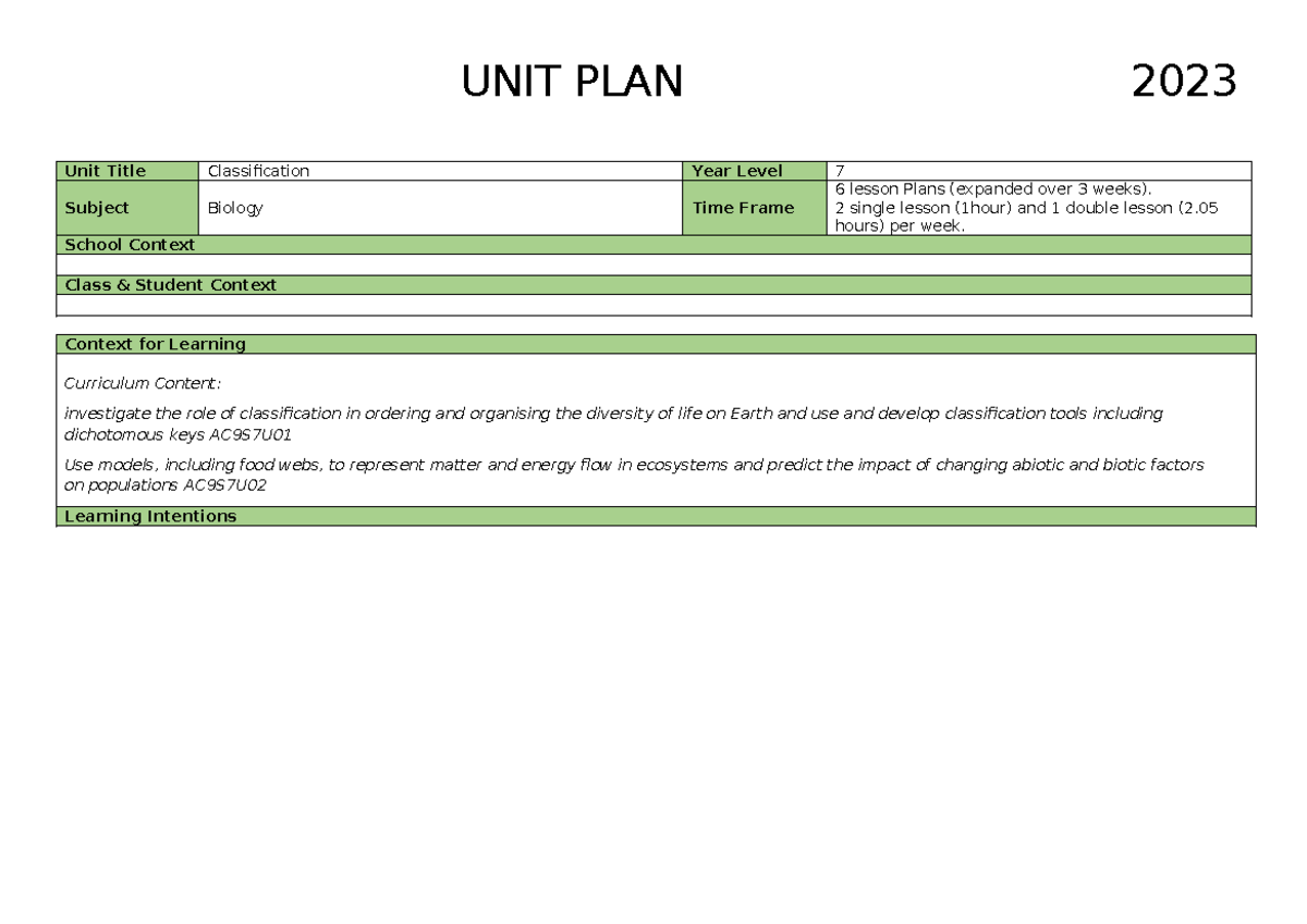 Unit Plan 2023: Classification in Year 7 Biology Lessons - Studocu