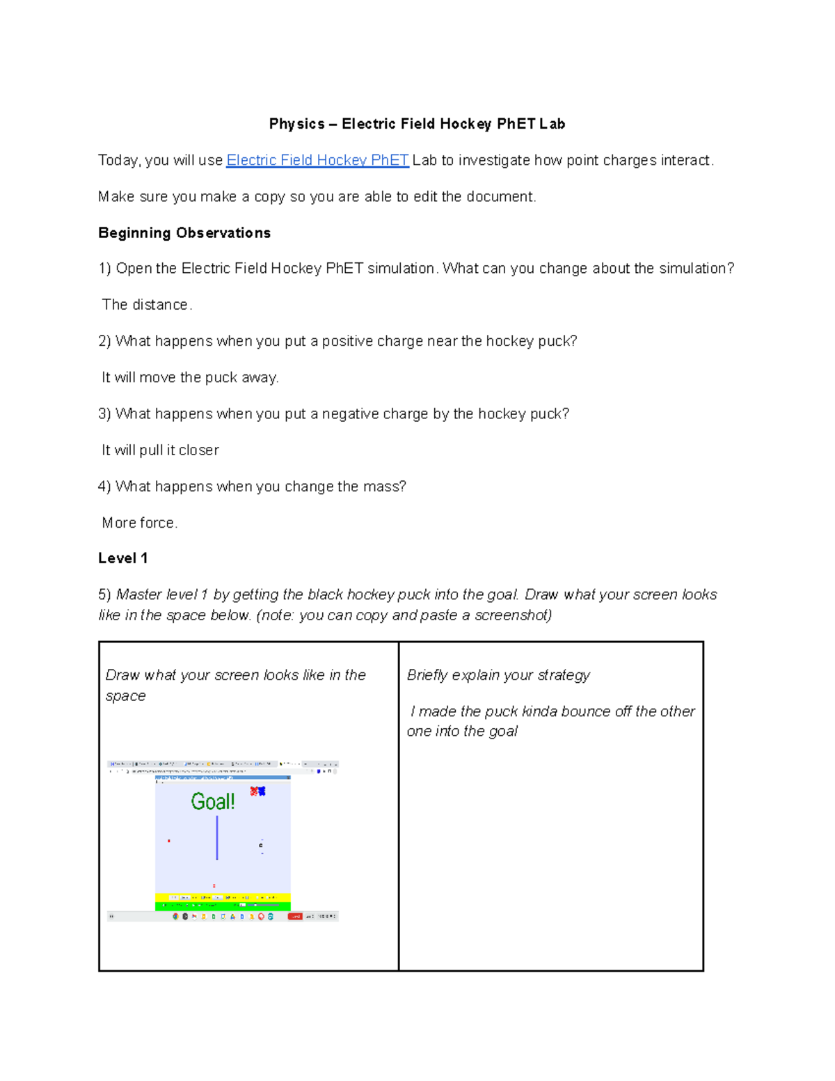 Electric Field Hockey Experiment - PhET Lab Guide - Studocu