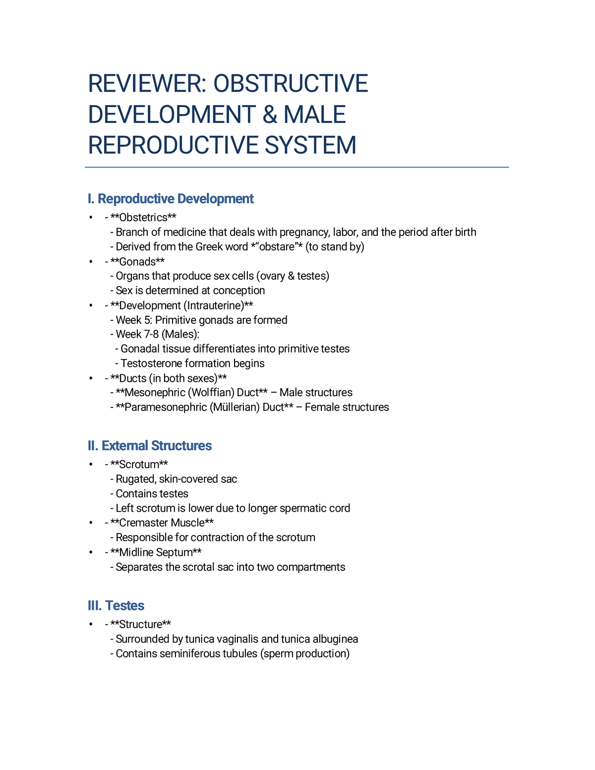REVIEWER: OB 101 - Male Reproductive System Development Notes - Studocu
