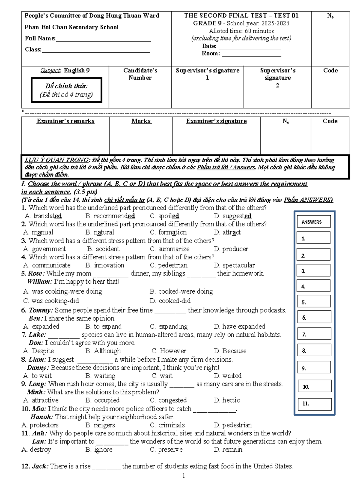 English 9 Final Exam: Official Test Paper for Grade 9 (4 Pages) - Studocu