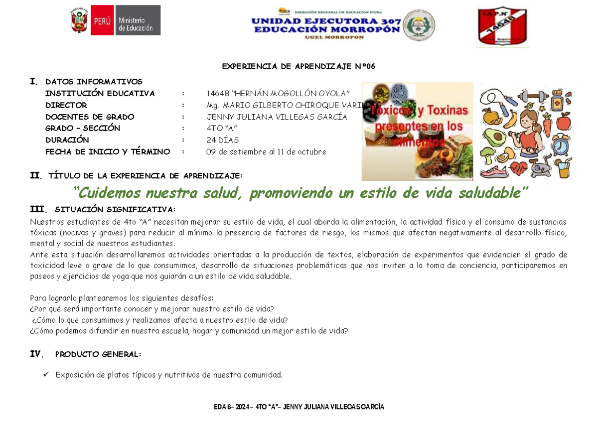 EDA 2024: Experiencia de Aprendizaje sobre Estilo de Vida Saludable en 4TO A - Studocu