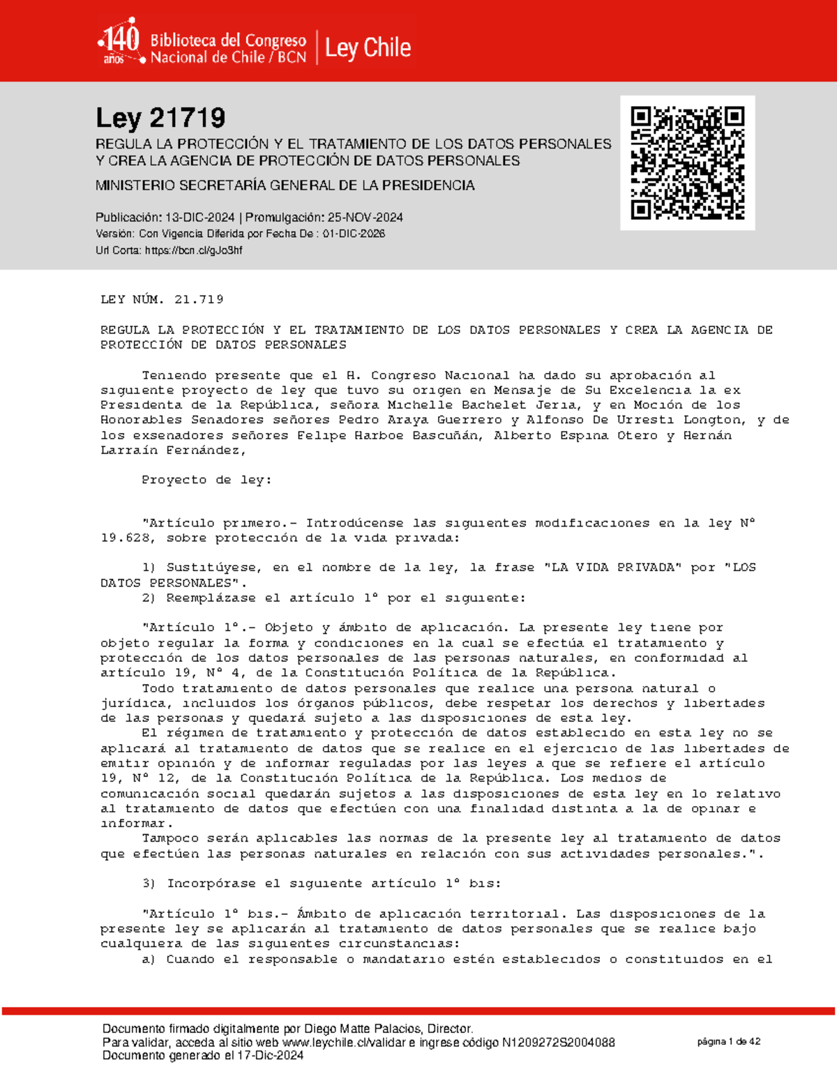Ley-21719 13-DIC-2024 - Documento firmado digitalmente por Diego Matte ...