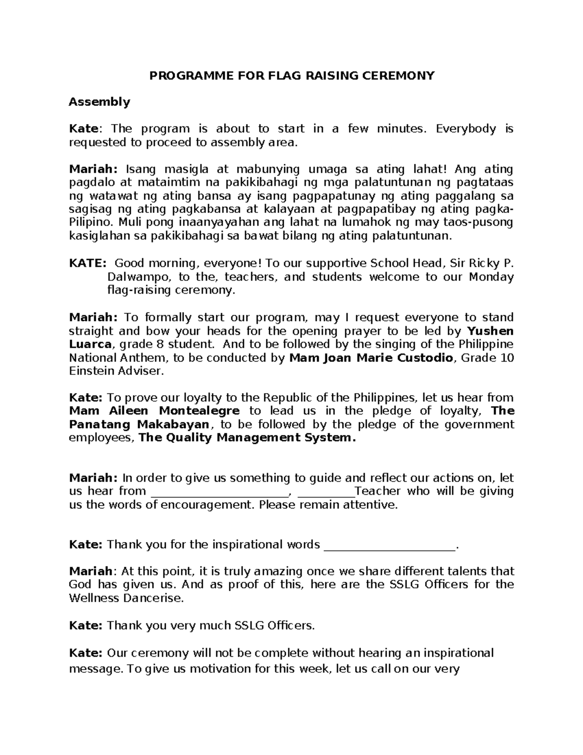KATE and MARIAH Flag Raising Ceremony Script for English Course - Studocu