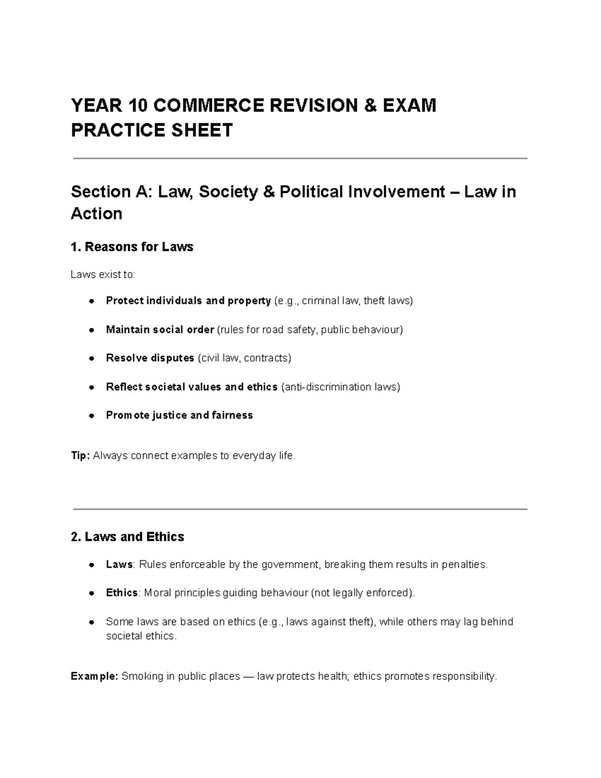 YEAR 10 COMMERCE REVISION EXAM STUDY NOTES: LAW & ECONOMICS - Studocu