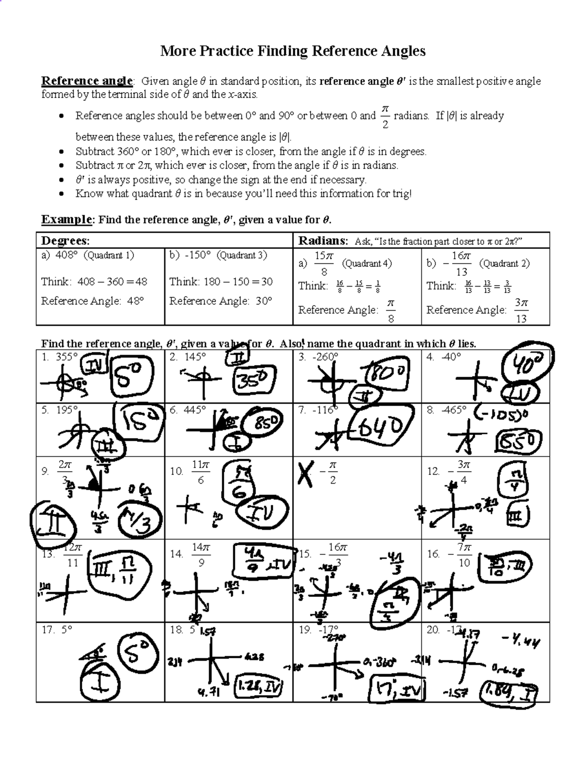 Practice Reference Angles - More Practice Finding Reference Angles ...