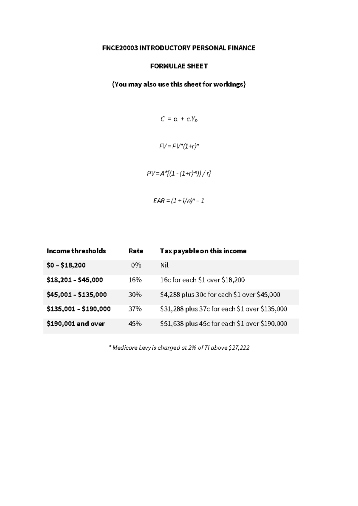 FNCE2000 3 IPF MST Formula sheet - FNCE20003 INTRODUCTORY PERSONAL ...