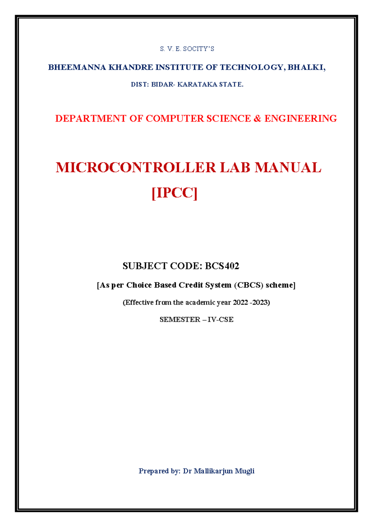 Microcontroller Lab Manual for BCS402 - IPCC Semester IV - Studocu