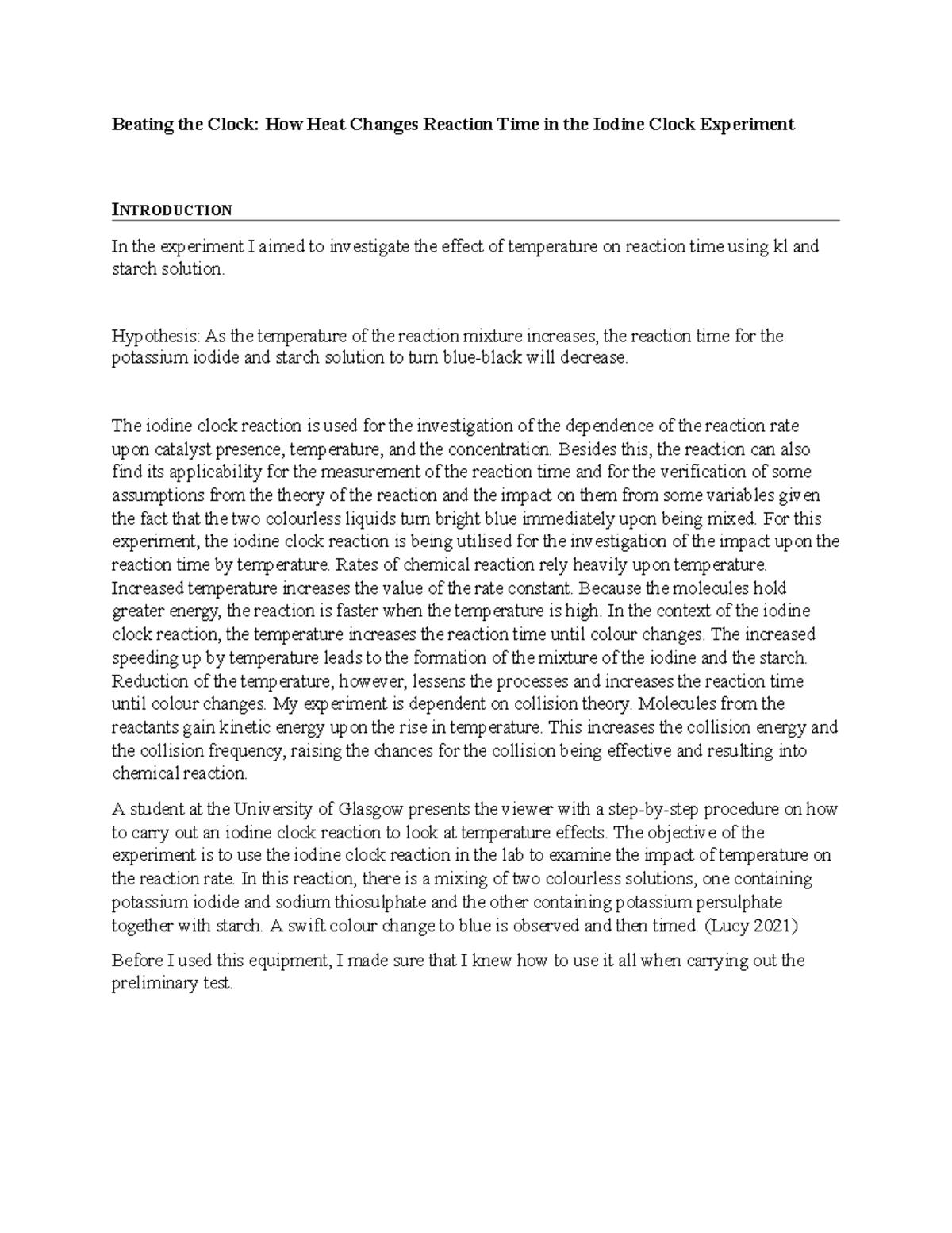Iodine Clock Experiment: Effects of Temperature on Reaction Time - Studocu