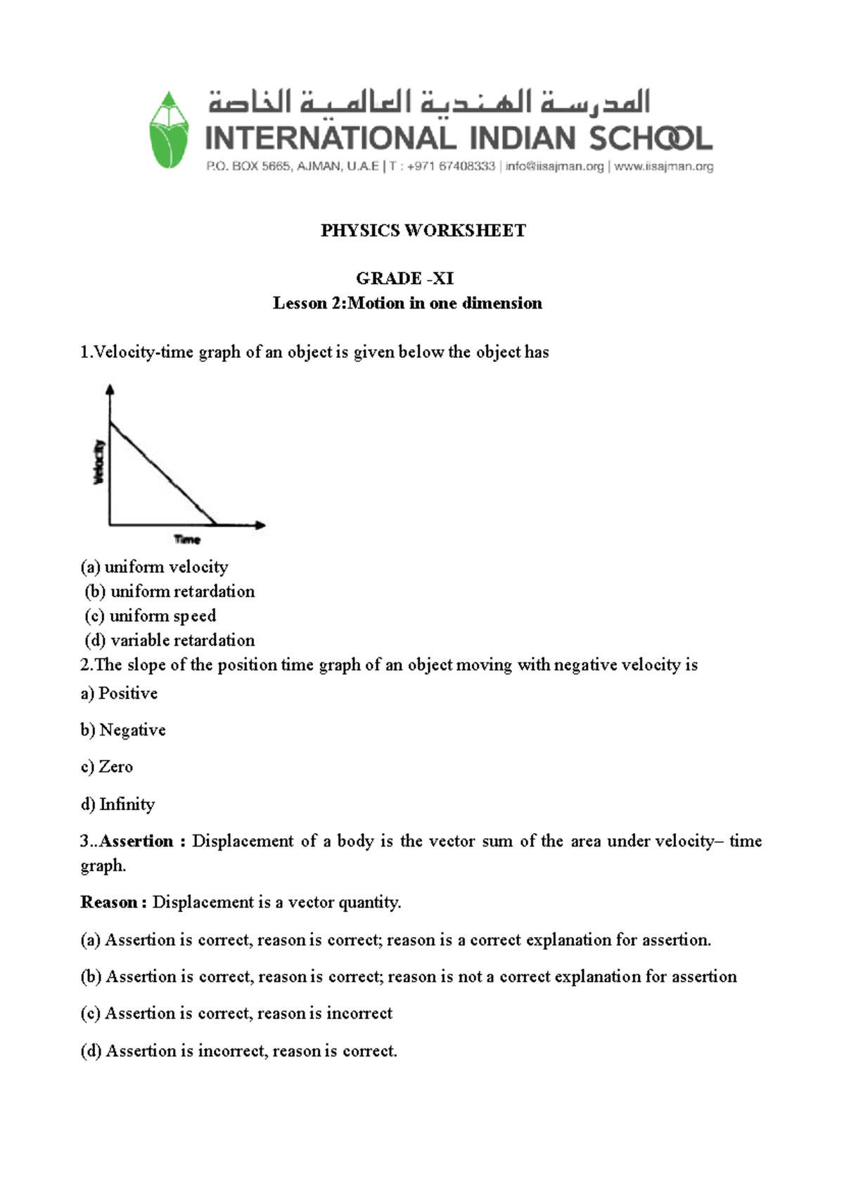 PHYSICS WORKSHEET GRADE: Lesson 2 - Motion in One Dimension - Studocu