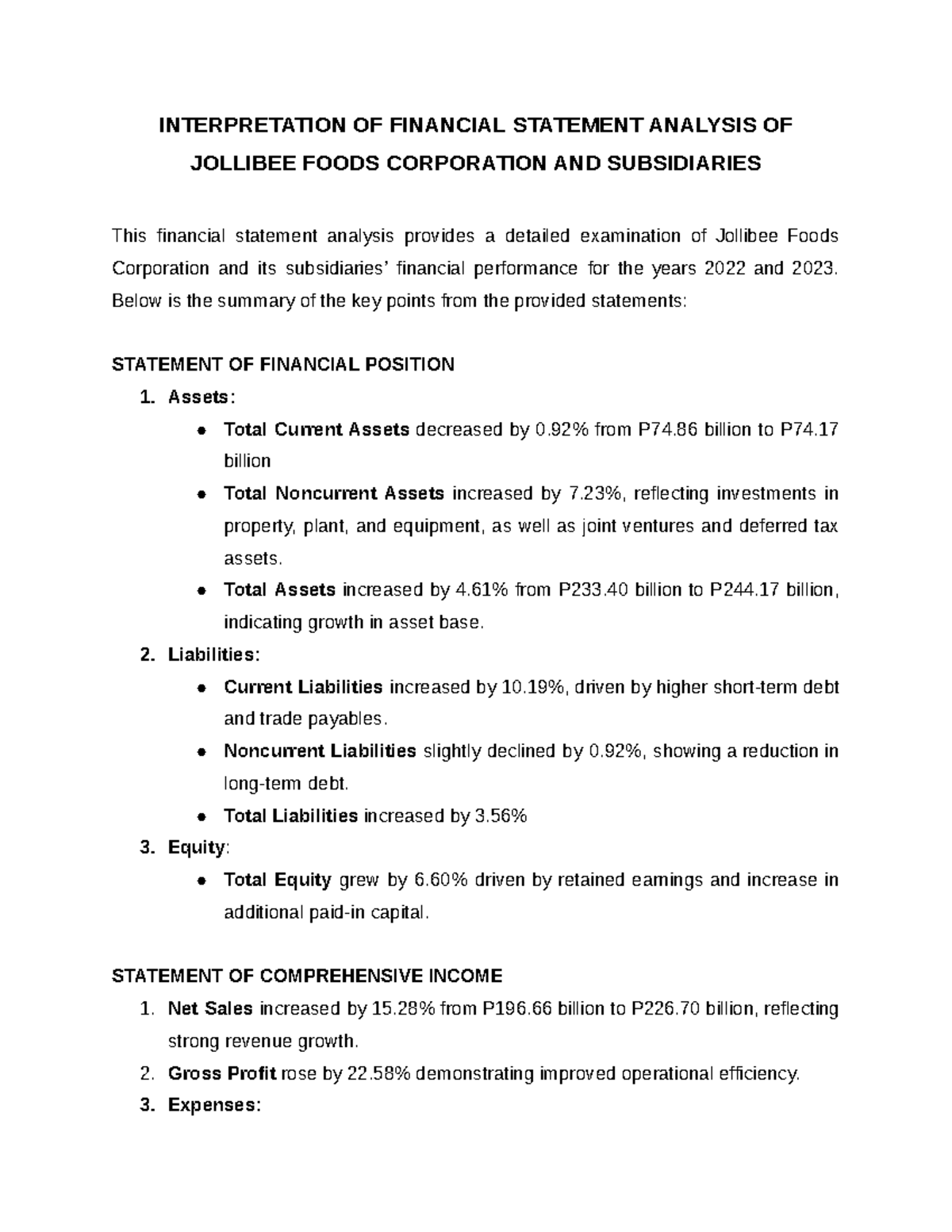 Interpretation of Financial Statement Analysis: Jollibee Foods Corp ...