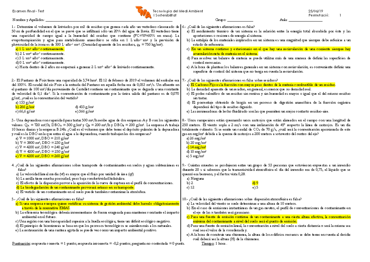 Examen Final Test Tecnologia del Medi Ambient I - Juny 2019 - Studocu