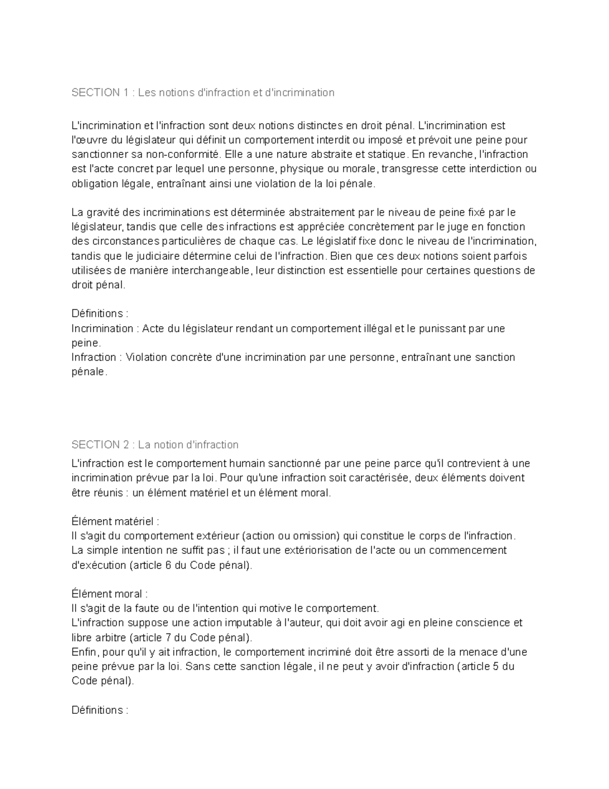 Classification et Éléments des Infractions Pénales (Code Pénal) - Studocu