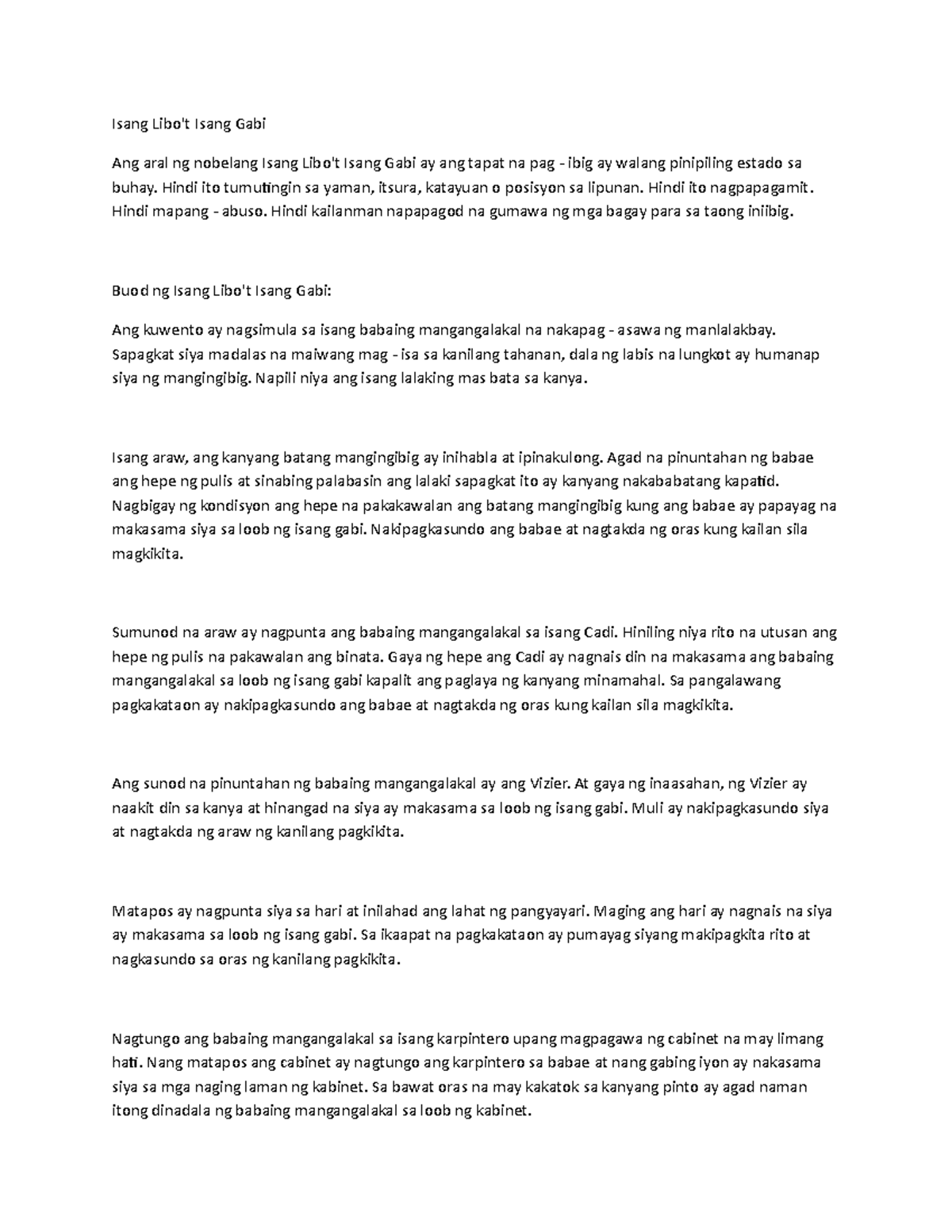 Isang Libo't Isang Gabi: Buod at Aral ng Nobela - Studocu