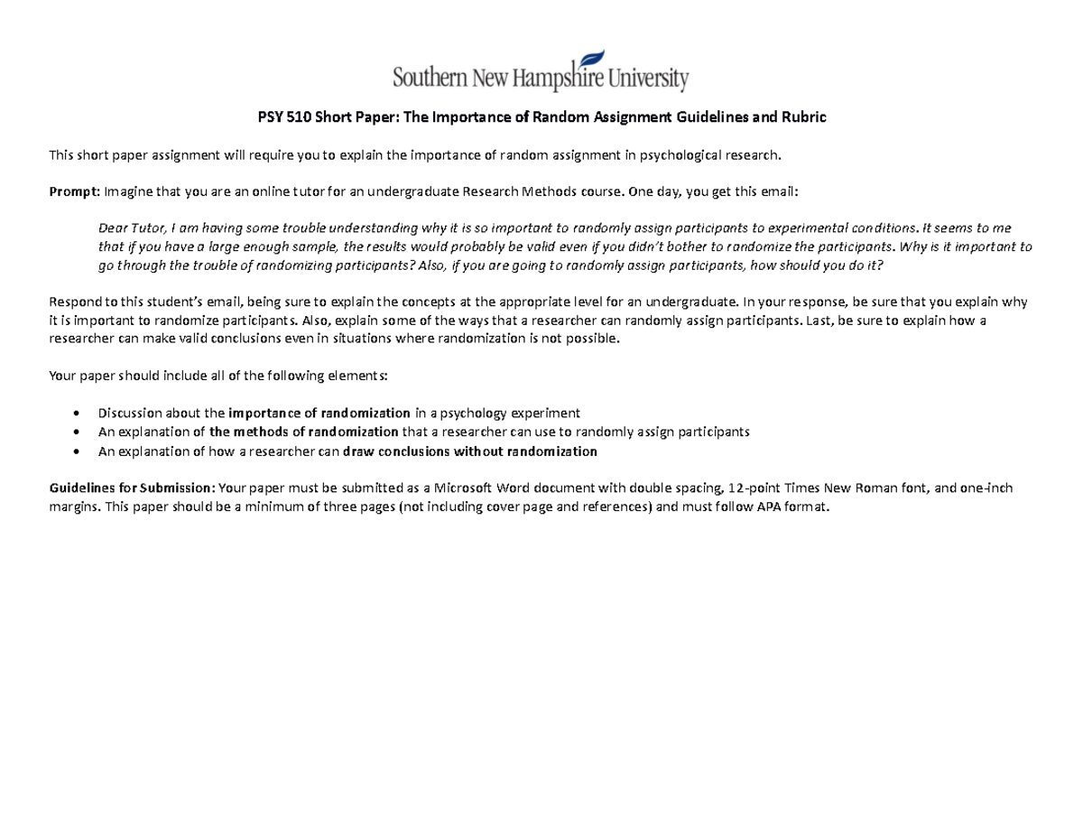 PSY 510 Short Paper: Exploring the Significance of Random Assignment ...
