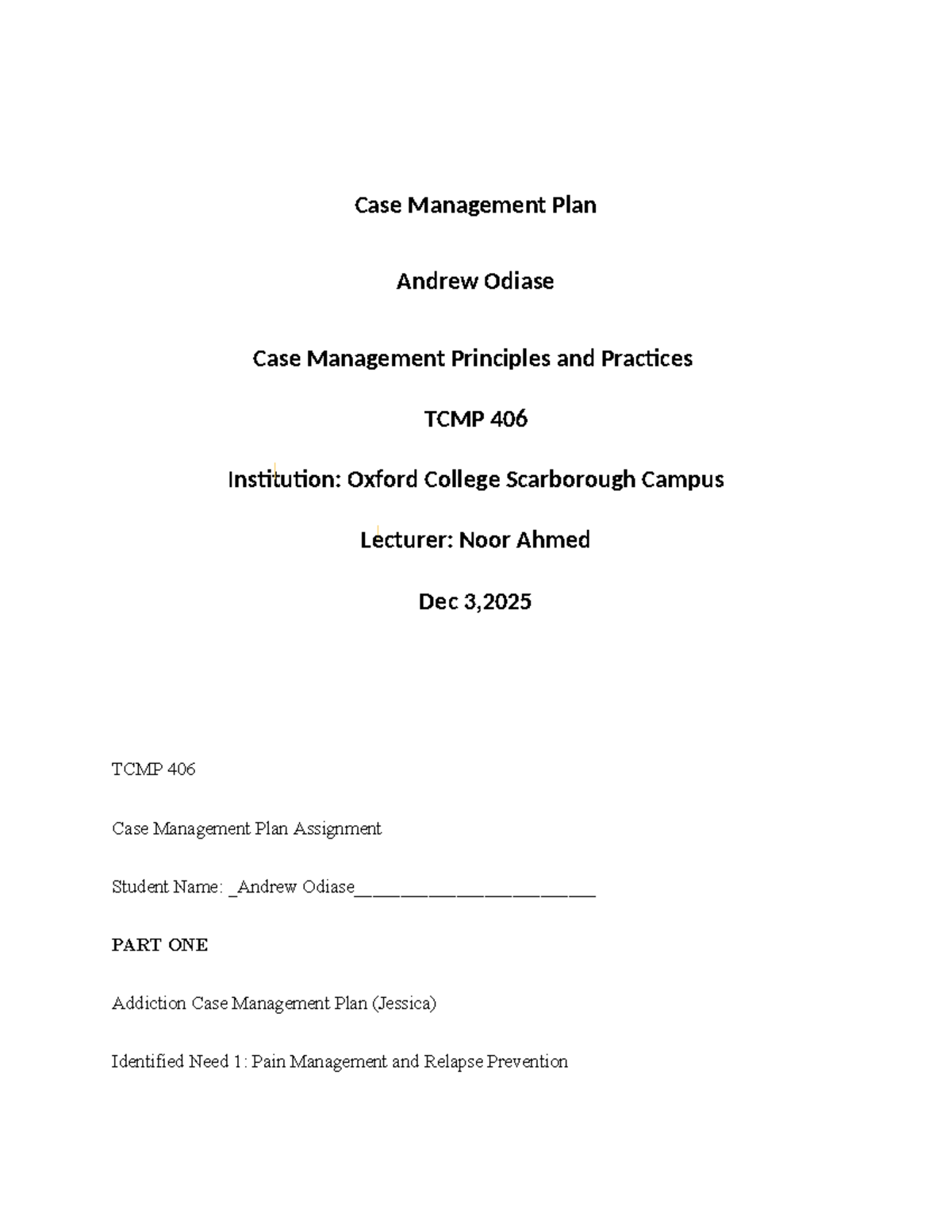 TCMP 406 - Final Case Management Plan for Addiction & Mental Health ...