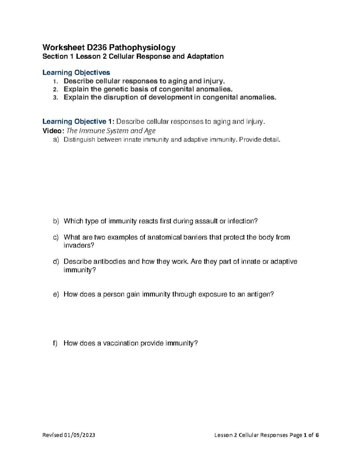 Lesson 2 Cellular Response and Adaptation - Worksheet D236 ...
