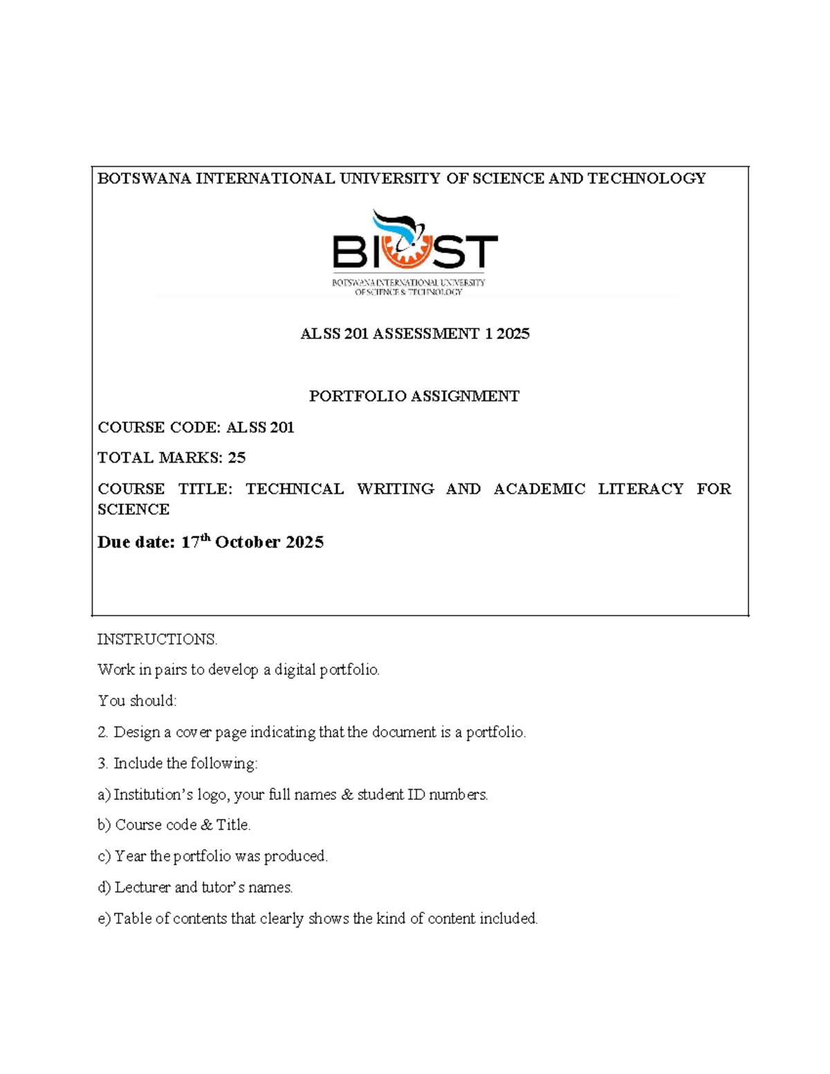 ALSS 201 2025 Portfolio Assignment: Technical Writing & Literacy - Studocu