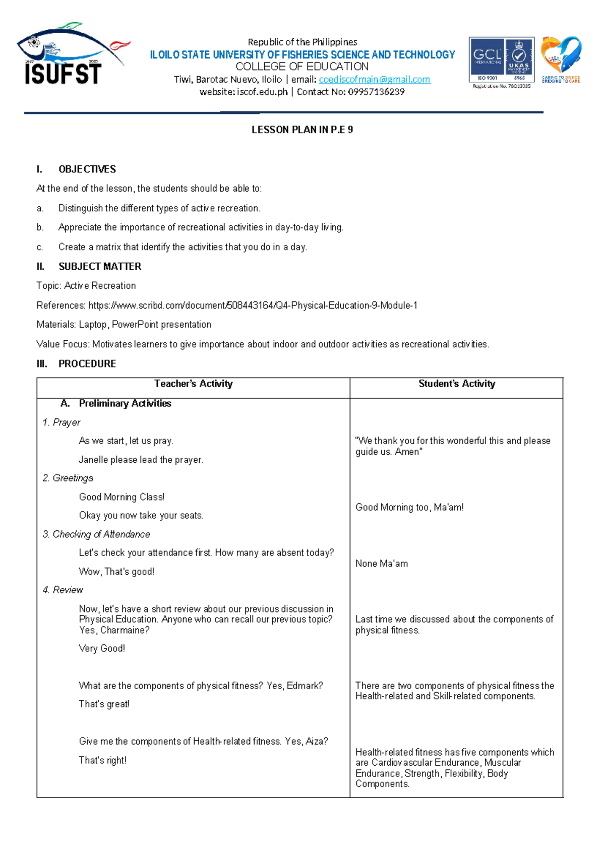 Lesson Plan for Active Recreation P 9: Engaging Students in Activities ...