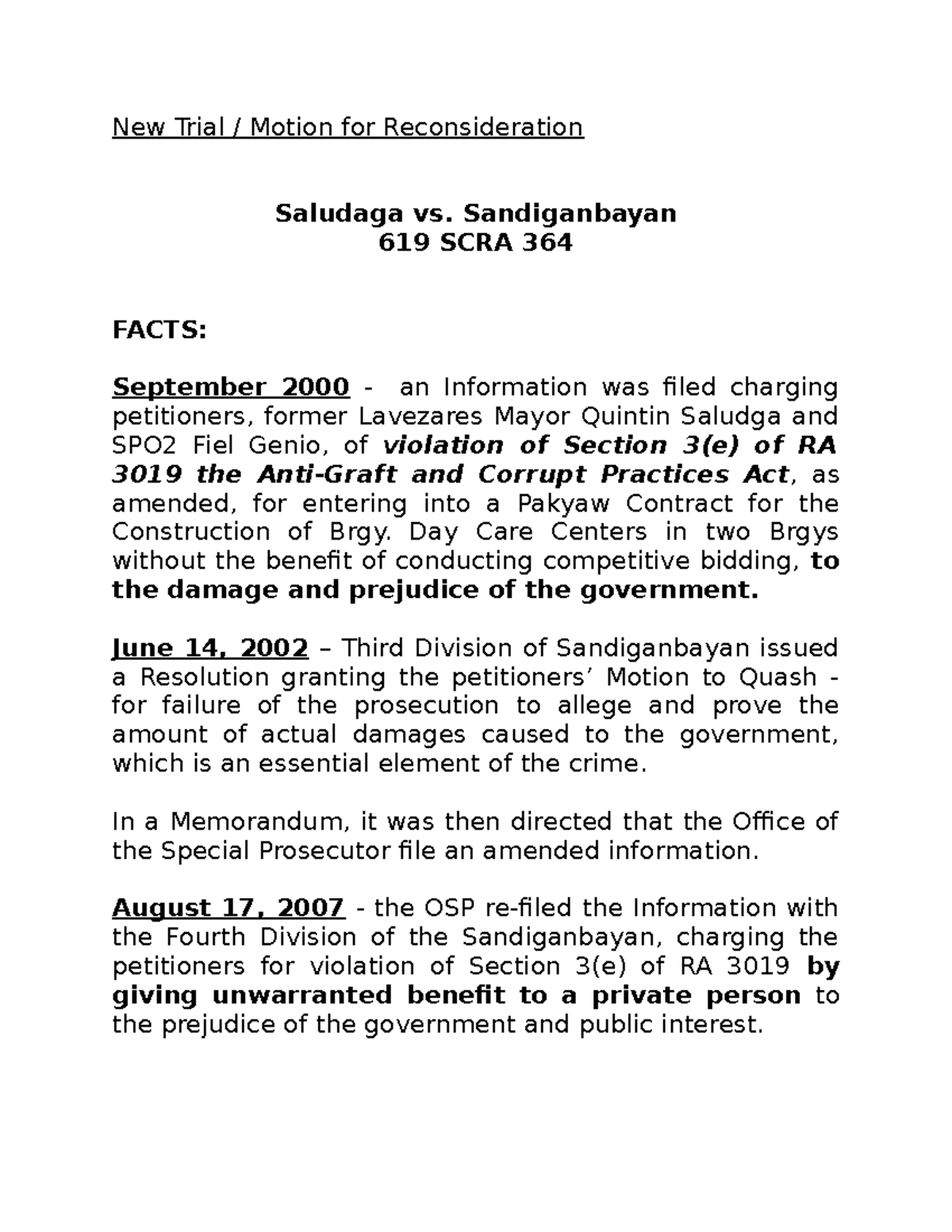 Saludaga vs. Sandiganbayan: Motion for Reconsideration Overview - Studocu