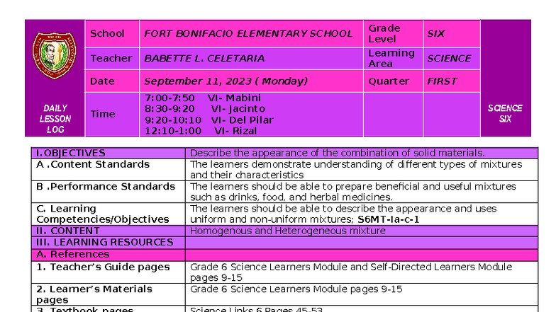 DAILY LESSON LOG: Grade 6 Science - Solid Materials (Sept 11, 2023 ...
