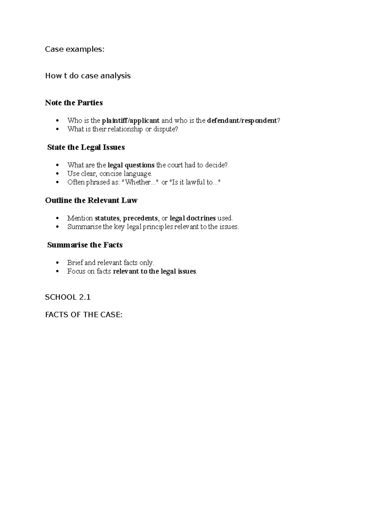 Case examples - notes case - Case examples: How t do case analysis Note ...